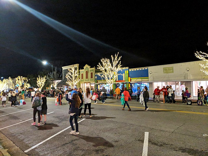When the sun goes down and the lights come up, Fairhope Avenue becomes a small-town version of a holiday movie set.