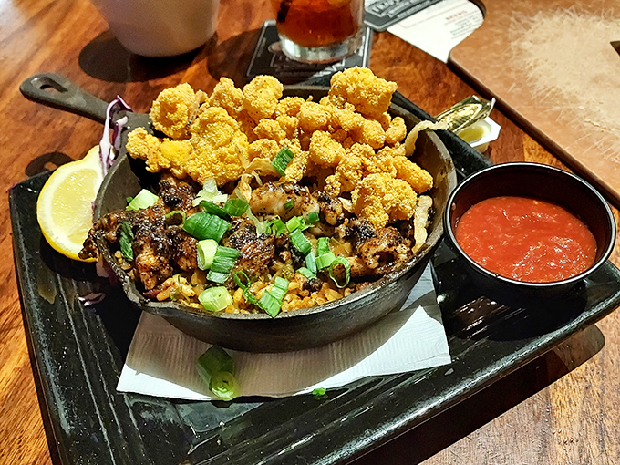 Cast iron skillet magic! These spicy morsels (likely the famous gator bites) make trying exotic protein feel like the most natural thing in Oklahoma.