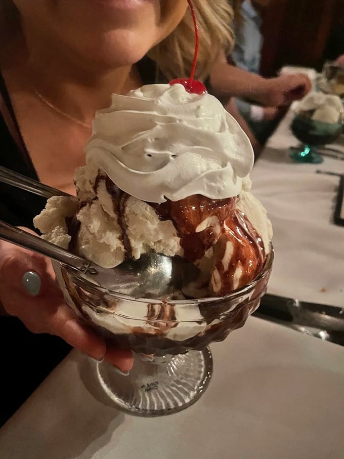 Ice cream sundae architecture that defies both gravity and restraint. The cherry on top isn't just garnish &ndash; it's the exclamation point on a sweet sentence.