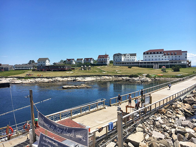Star Island's welcoming dock invites visitors to explore one of the Isles of Shoals, where the Atlantic provides a blue horizon in every direction.