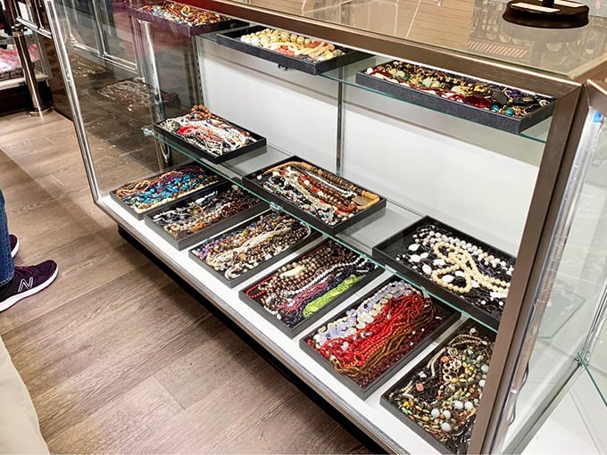 Jewelry cases displaying treasures that range from costume pieces to vintage finds&mdash;each tray a miniature landscape of potential statement accessories.