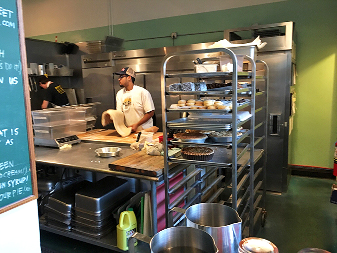 Behind the scenes magic where dough becomes destiny. This kitchen transforms simple ingredients into edible joy, one pie at a time.