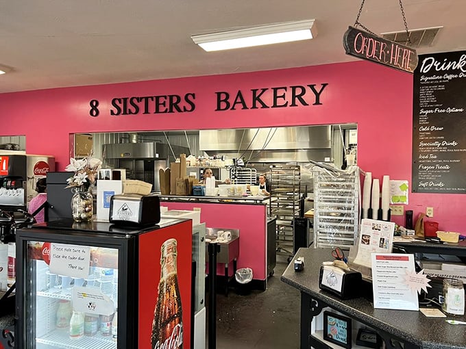 Behind that pink wall lies the engine room of deliciousness, where flour transforms into edible magic.