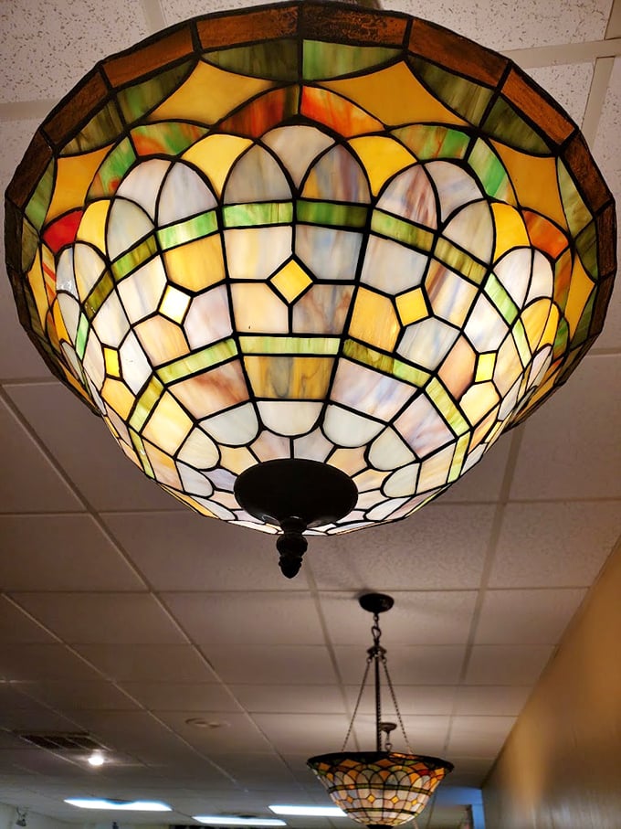 Surprisingly elegant stained glass fixtures add an unexpected touch of class&mdash;like finding a tuxedo jacket in a closet of flannel shirts.