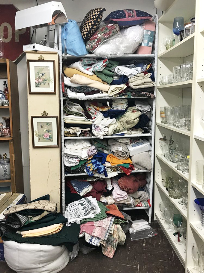 Textile heaven! The linens section towers with possibilities&mdash;from vintage tablecloths to handmade quilts, each with stories woven into their fibers.