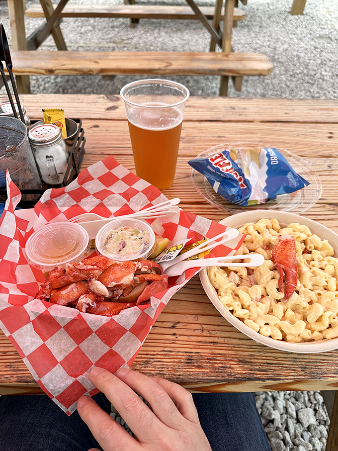 The impossible choice: dive into a classic lobster roll or surrender to creamy mac and cheese topped with that signature claw? Correct answer: both.