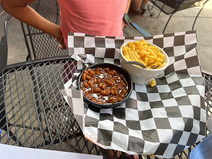 Mac and cheese with baked beans&mdash;a combination that whispers "summer picnic" while shouting "comfort food!" The perfect plate of nostalgic satisfaction.