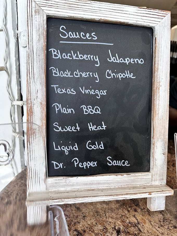 The sauce board reads like poetry: Blackberry Jalape&ntilde;o, Texas Vinegar, Liquid Gold. Six paths to flavor enlightenment, but the meat stands strong alone.