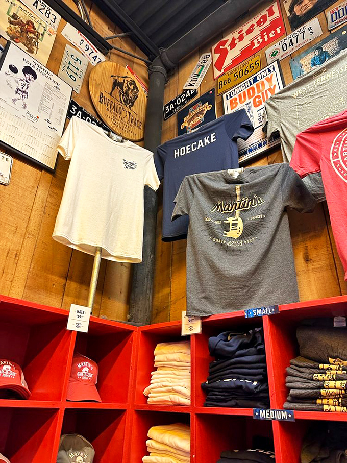 The merchandise corner &ndash; where "HOECAKE" t-shirts become souvenirs of your pilgrimage to the land of perfect bark.