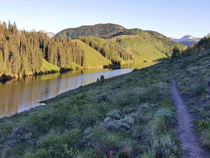 Meridian Lake's shoreline trail invites contemplative wandering. Water and mountains conspire to create the perfect meditation spot.