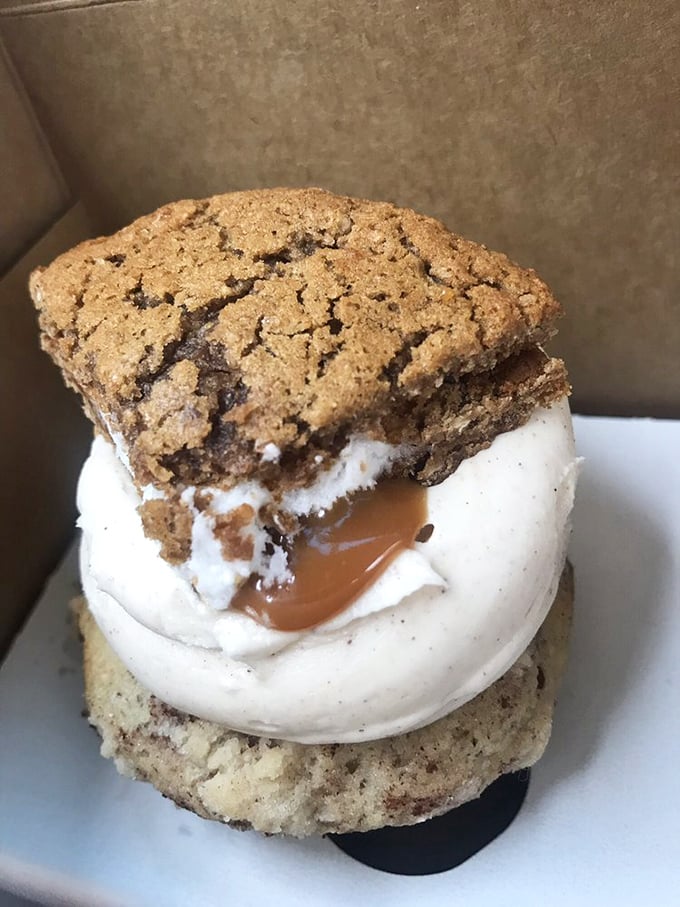 Cookie sandwich meets creamy center in a dessert that channels childhood nostalgia while satisfying grown-up sweet tooth standards.