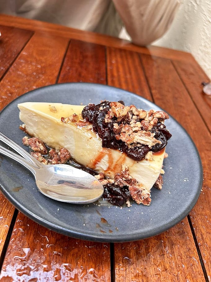 Cheesecake that's dressed for a night out with its berry compote and nut crumble. Dessert that demands you slow down and pay attention.