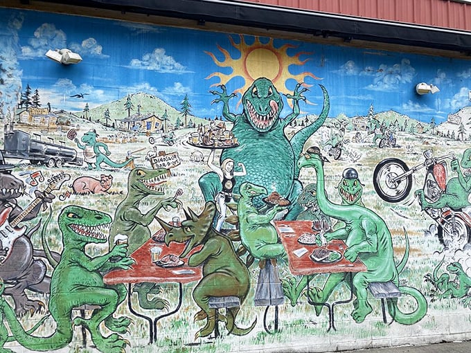 Dinosaurs enjoying barbecue on the exterior mural &ndash; a whimsical reminder that this level of meat appreciation transcends species and time periods.