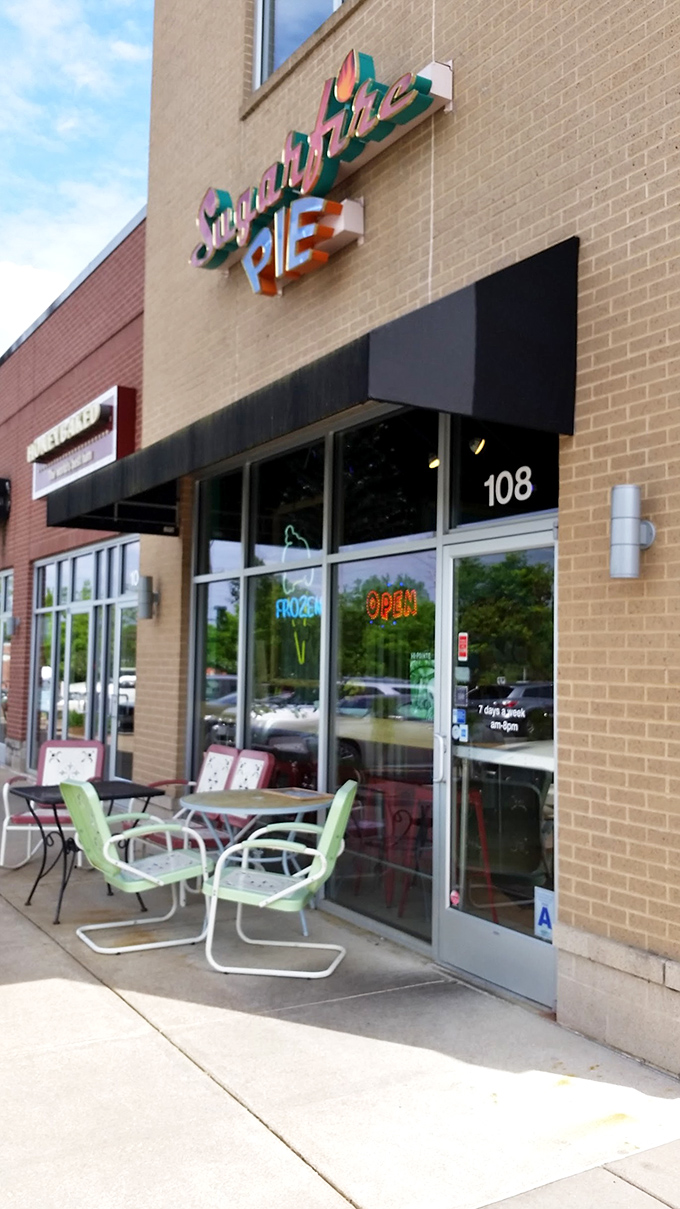 Sidewalk seating offers the perfect perch for people-watching while contemplating which pie flavor deserves your undivided attention today.