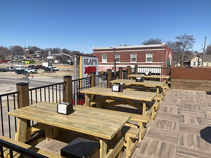 The outdoor deck&mdash;where you can enjoy your meat sweats with a side of vitamin D and Kansas City views.
