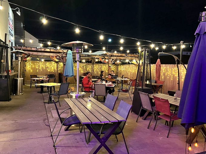 Nighttime on the patio feels like dining in an enchanted garden, where string lights compete with stars for your attention.