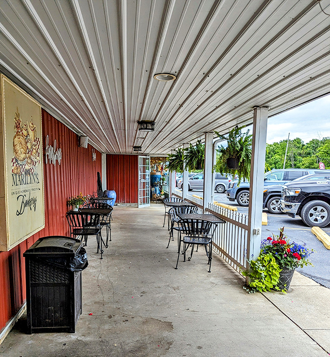 The covered porch offers a moment of quiet contemplation—before or after the important business of pie consumption.