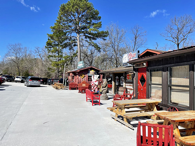The outdoor seating area welcomes early risers with morning Ozark sunshine and the promise of pancakes big enough to use as frisbees.