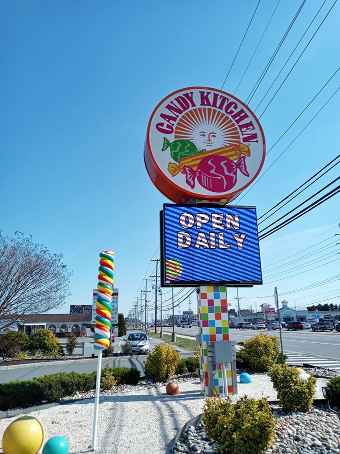 The iconic Candy Kitchen sign shines like a lighthouse for sweet-seekers, guiding sugar pilgrims safely to shore. Open daily&mdash;thank goodness.