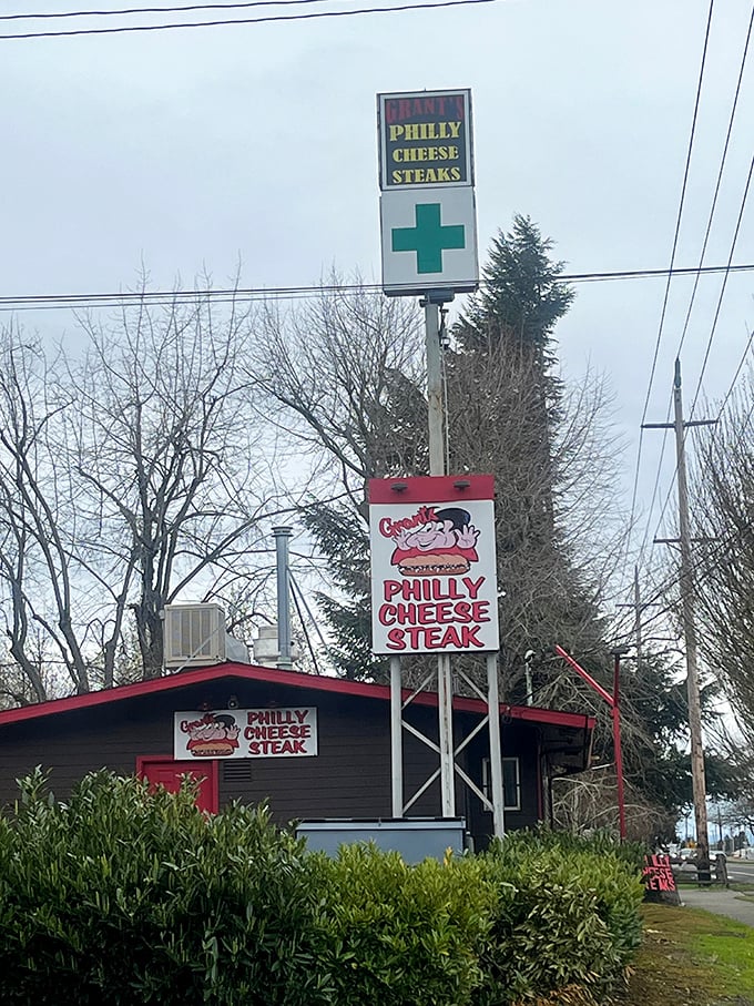 That sign with the green cross is like a beacon of hope for the hungry. "Salvation this way," it seems to whisper.
