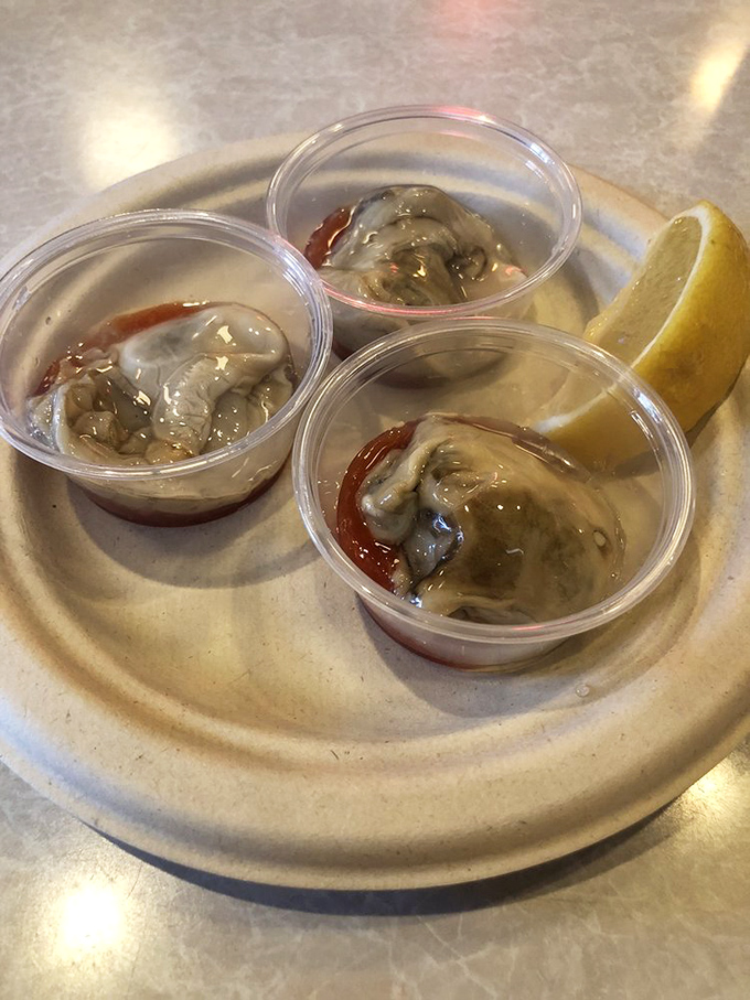 Oyster shooters: ocean cocktails for the brave. These slippery delights with cocktail sauce are Pittsburgh's version of living dangerously.