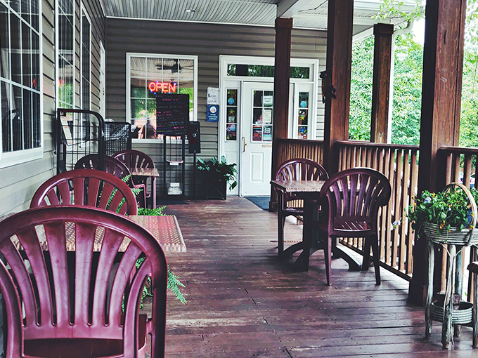 The front porch seating offers a quintessential Southern experience - leisurely dining with a side of people-watching.