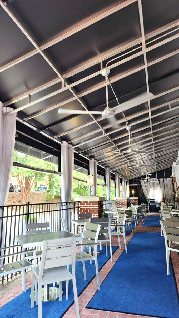 The covered patio offers al fresco dining without the Georgia sun turning you into the day's special&mdash;perfectly done human.