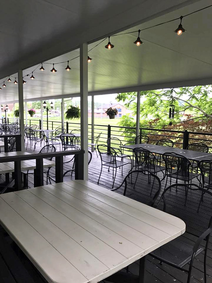 The patio seating offers a breath of fresh air with your fresh coffee, where string lights create the perfect ambiance for pancake diplomacy. 