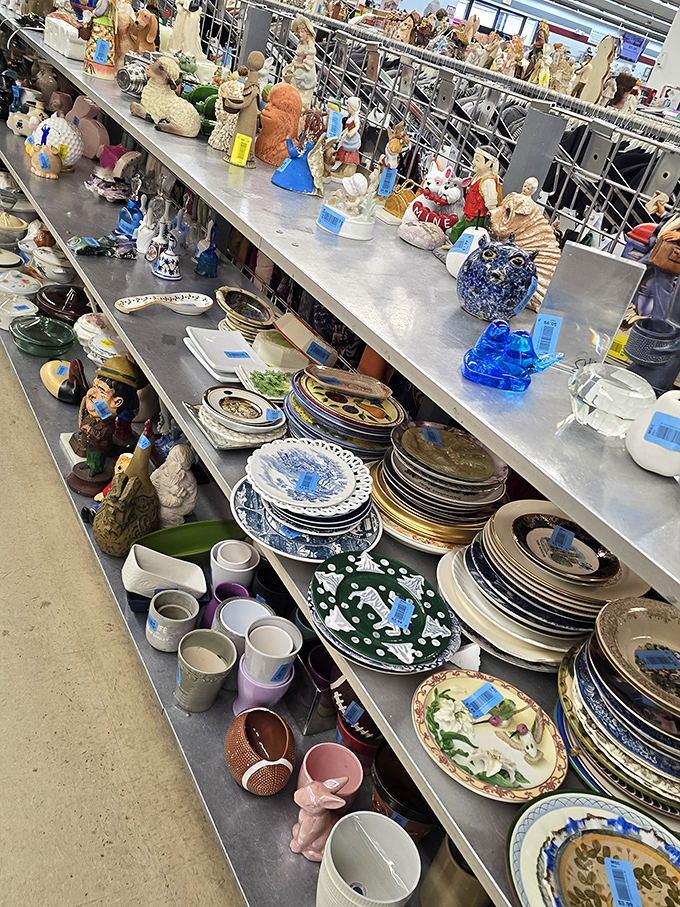 Dish-covery zone! Mismatched plates and quirky figurines create the perfect opportunity for eclectic table settings and whimsical home decor.