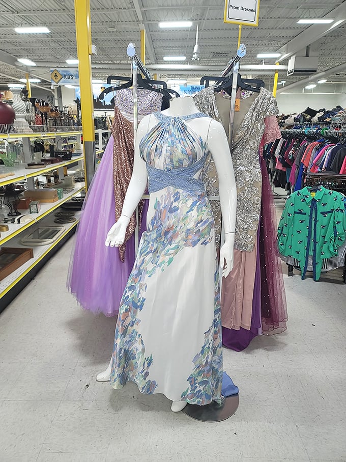 Prom dress paradise! These formal gowns stand ready for their second grand entrance, sparkling with the promise of another magical evening.