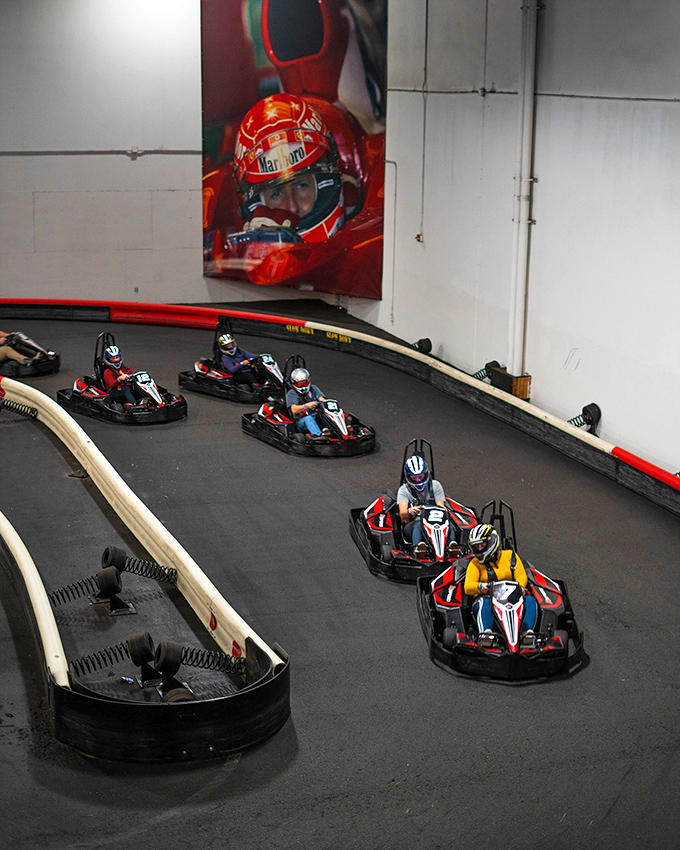 Under the watchful eye of racing legends, karts navigate the challenging curves. That moment when you realize your 12-year-old nephew is faster.