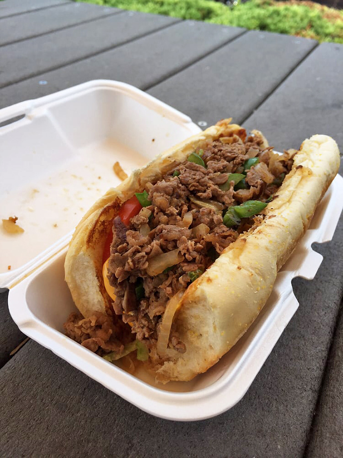 The ribeye sub&mdash;where thinly sliced steak, green peppers, and onions come together like the world's tastiest rock band.