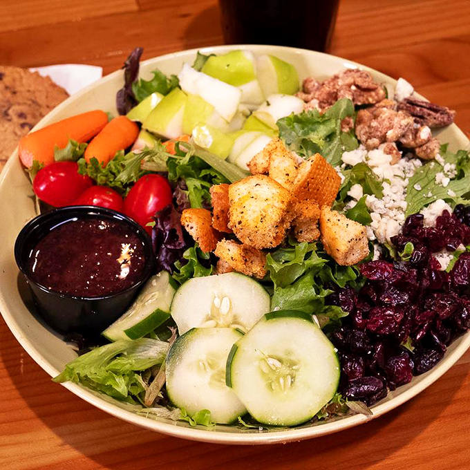 A salad that means business – fresh veggies, crunchy accents, and enough substance to satisfy even dedicated carnivores.