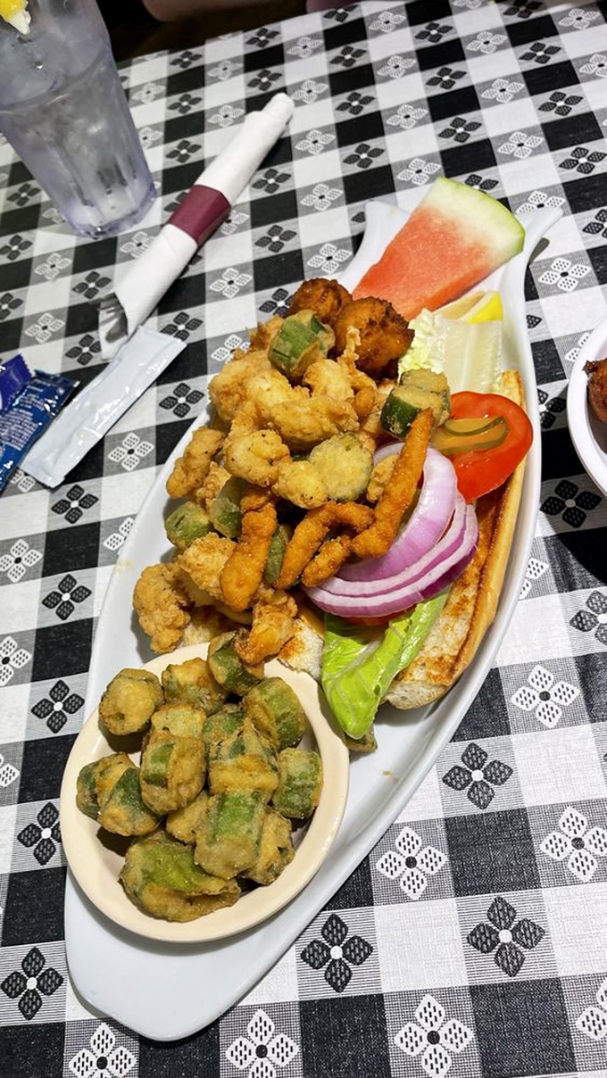 This isn't just fried okra and seafood&mdash;it's Southern coastal cuisine having a party on a plate. The watermelon slice is the perfect sweet counterpoint.