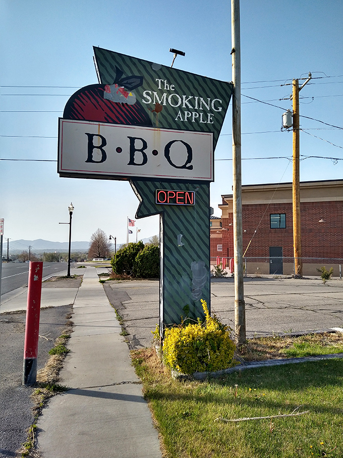 The siren song of BBQ beckons from this vintage-style sign. In a world of digital billboards, there's something reassuringly honest about this green arrow.