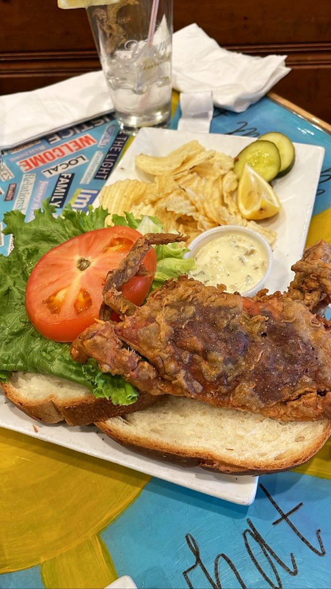 A soft shell crab sandwich that answers the eternal question: "Why choose between bread and seafood when you can have both?"
