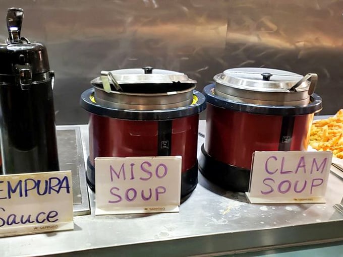 Miso and clam soup stations &ndash; liquid comfort awaiting your ladle. These steaming pots of umami goodness might be the unsung heroes of the buffet.