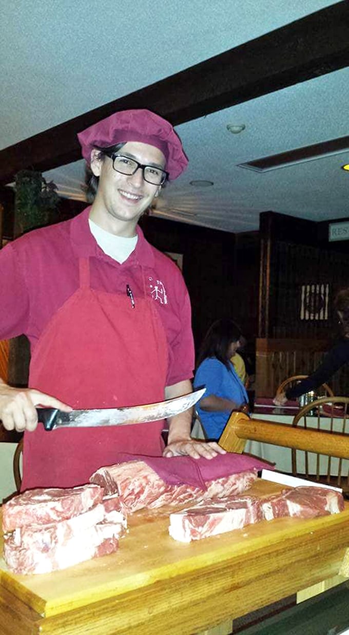 The meat cart attendant&mdash;half butcher, half performer&mdash;wielding that knife with the confidence of someone who knows exactly what you need.