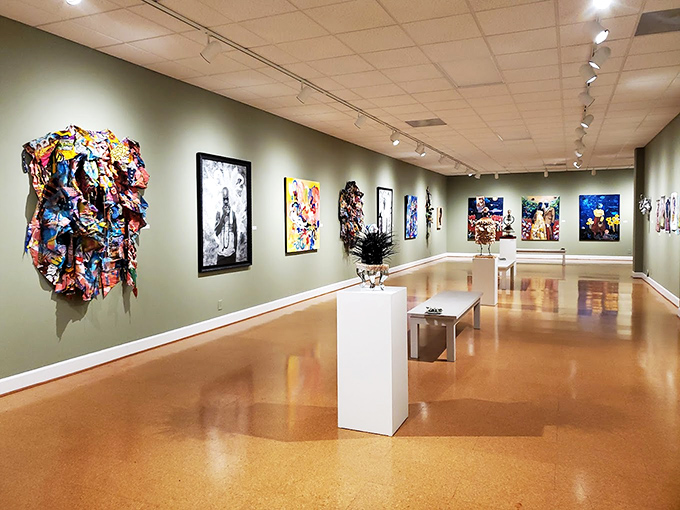 At the Steffen Thomas Museum, art takes center stage on polished floors while gallery lighting creates the perfect Southern cultural soirée.