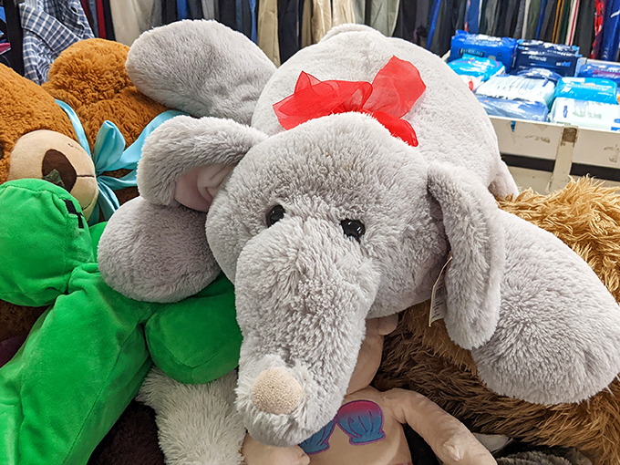 Stuffed animals patiently waiting for second chances at cuddles. This elephant hasn't forgotten how to bring joy to a child's room.