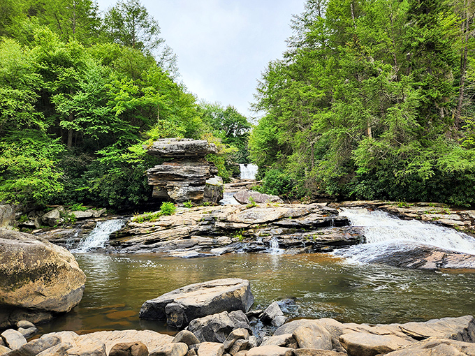 Swallow Falls' cascading waters perform nature's symphony over ancient rocks, a scene worth every step of the hike.