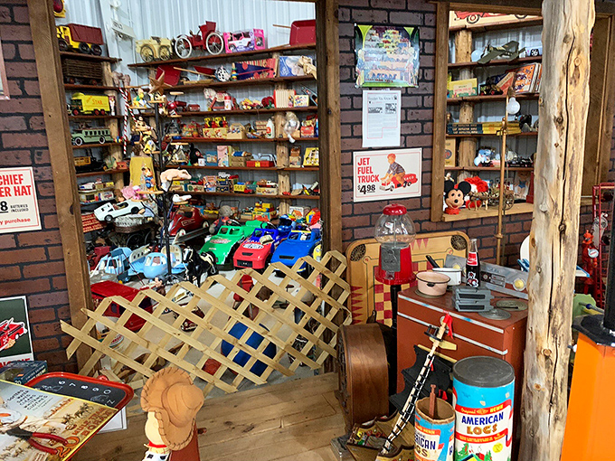 This nostalgic toy shop corner makes adults suddenly remember Christmas mornings past and Hot Wheels tracks stretching across living room floors.