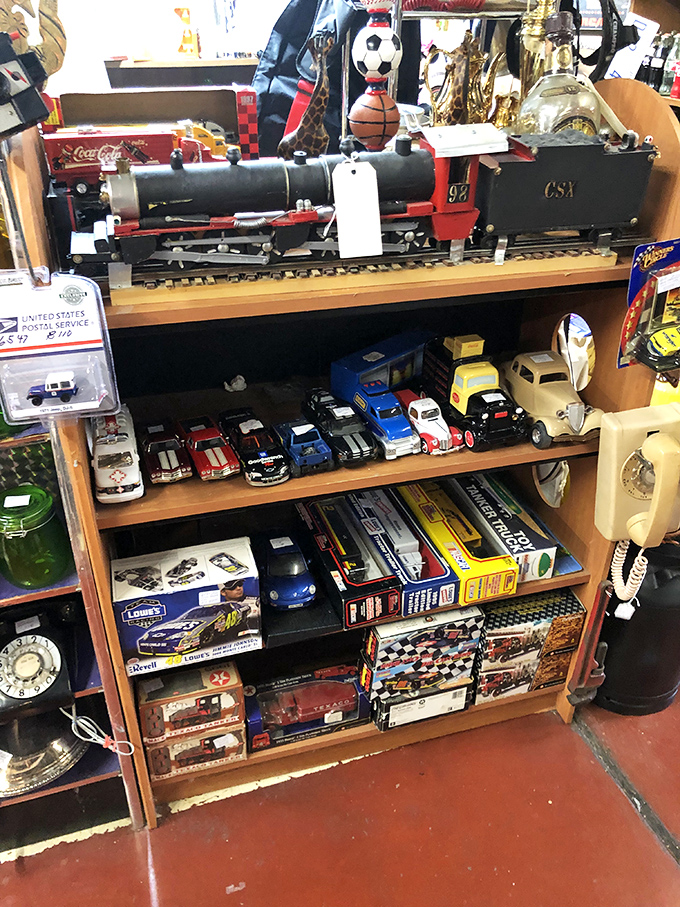 Model trains, vintage cars, and childhood nostalgia arranged with the precision of a collector who understands these aren't toys but time machines.