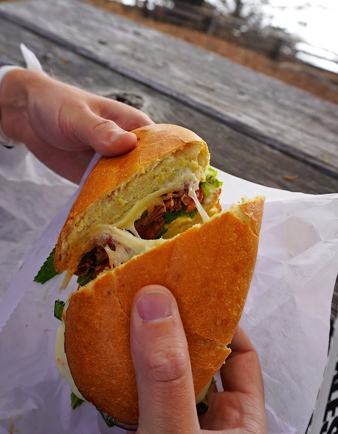 Hands cradling a tri-tip sandwich like it's precious cargo. That golden roll and those layers of beef are Highway 1's most delicious souvenir.