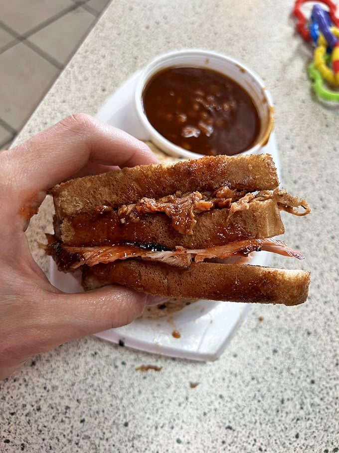 This isn't just lunch&mdash;it's a handheld masterpiece where sauce-soaked turkey and Texas toast create the perfect Midwest afternoon delight.