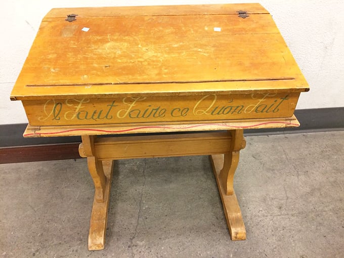 This vintage school desk whispers tales of penmanship practice and daydreaming, ready for its second act in your home office.