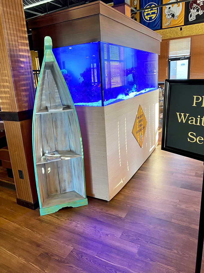 An aquarium that reminds you where your dinner came from—just distant cousins, not immediate family. Ocean ambiance without the sand in your shoes.