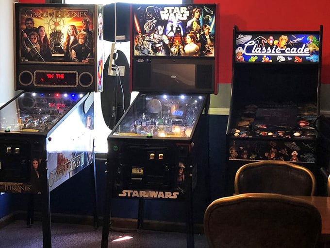 Even the arcade games offer a moment of nostalgia between bites. Nothing complements digestion like defeating a Stormtrooper or winning the Iron Throne.