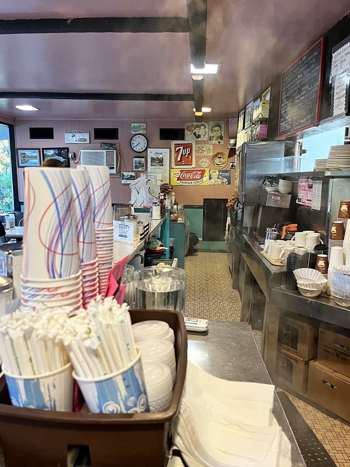 Behind-the-scenes magic where paper cups stand ready for duty and decades of diner wisdom infuse every dish.