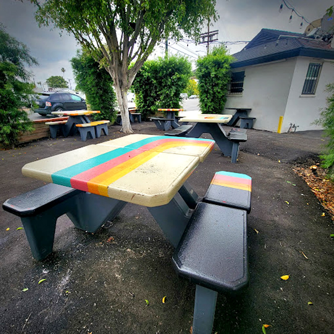 Rainbow-colored picnic tables create an outdoor oasis where hot dog dreams come true under the shade of Valley trees.